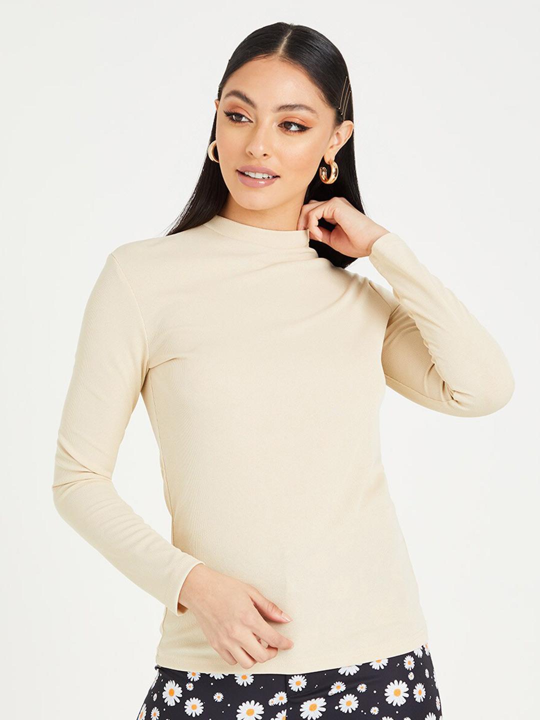 Buy Styli Beige Long Sleeves High Neck Fitted Ribbed Regular Length Top ...