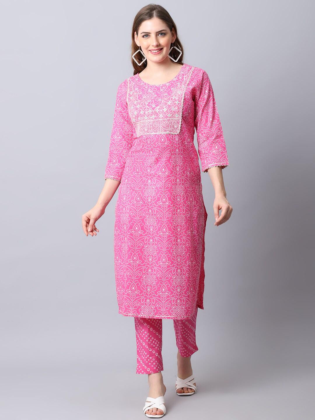 Buy The Mini NEEDLE Women Pink Pure Cotton Kurti With Trousers & With ...