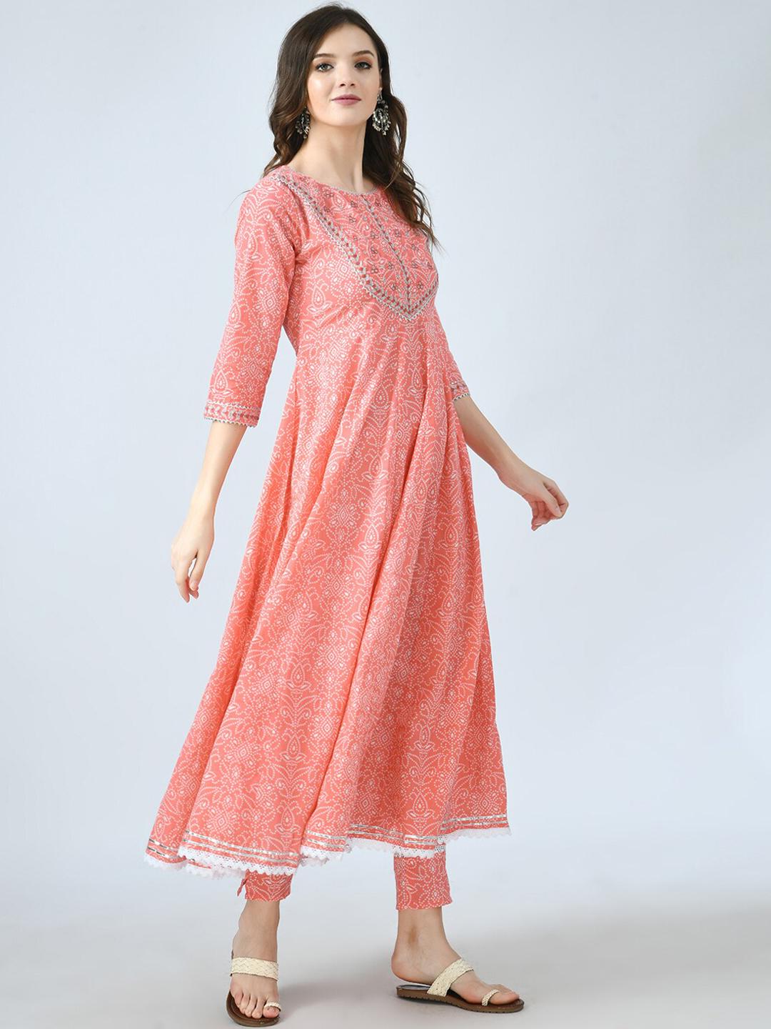 Buy KALINI Women Peach Coloured Bandhani Printed High Slit Kurti With ...