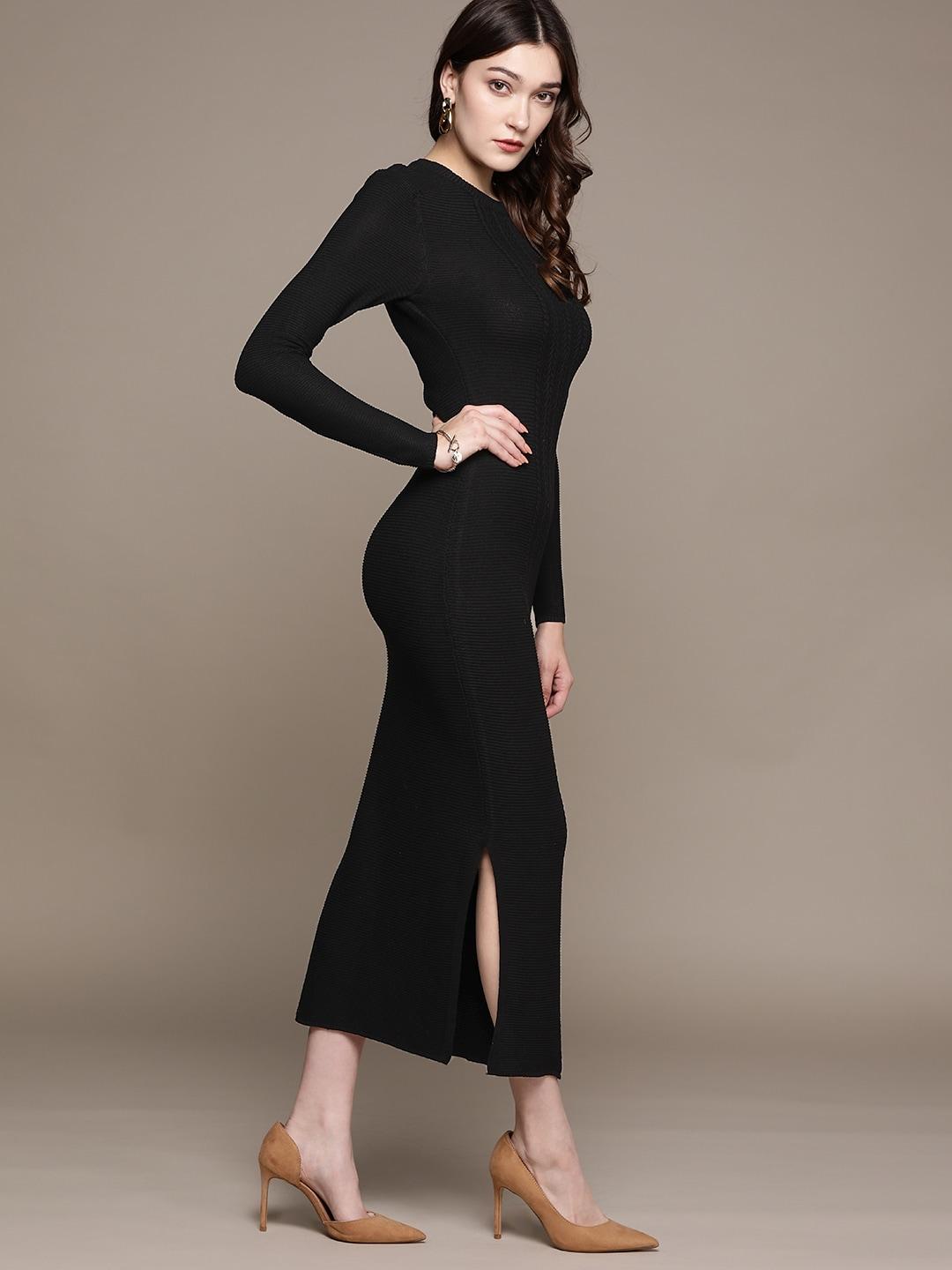 Buy Bebe Jet Black All Day Side Slit Detail Cable Knit Bodycon Winter ...