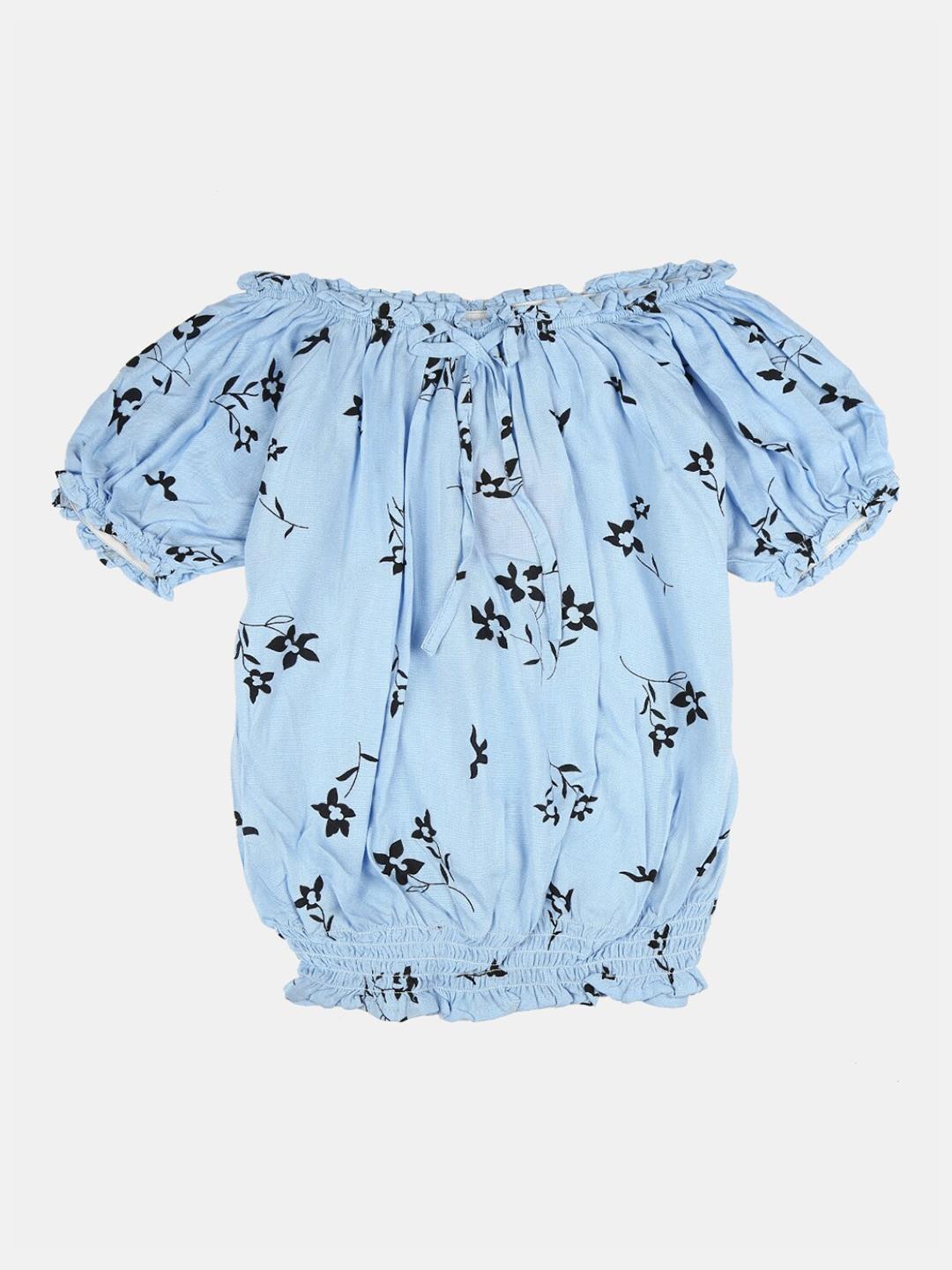 Buy V Mart Blue & Vampire Black Floral Print Off Shoulder Blouson Top ...