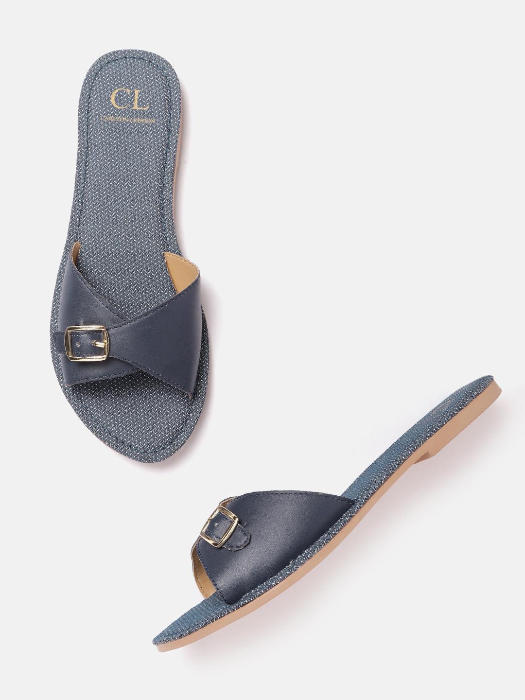Buy Carlton London Women Navy Blue Solid Open Toe Flats - Flats for ...