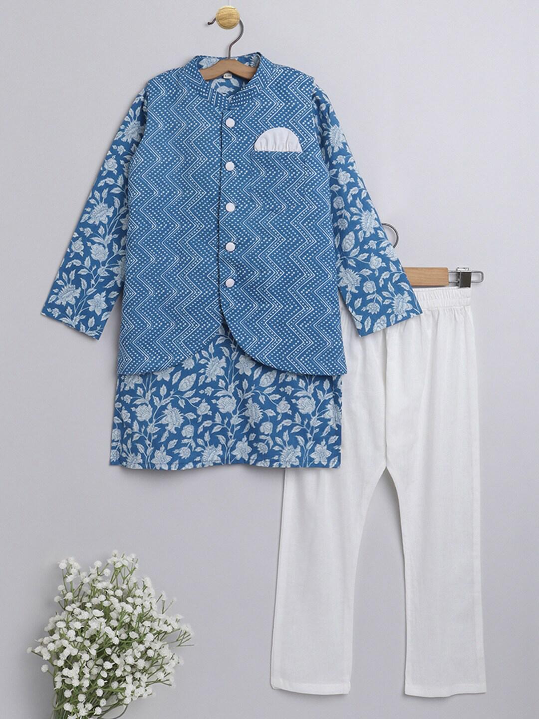 Buy The Magic Wand Boys Blue Floral Printed Pure Cotton Kurta With ...