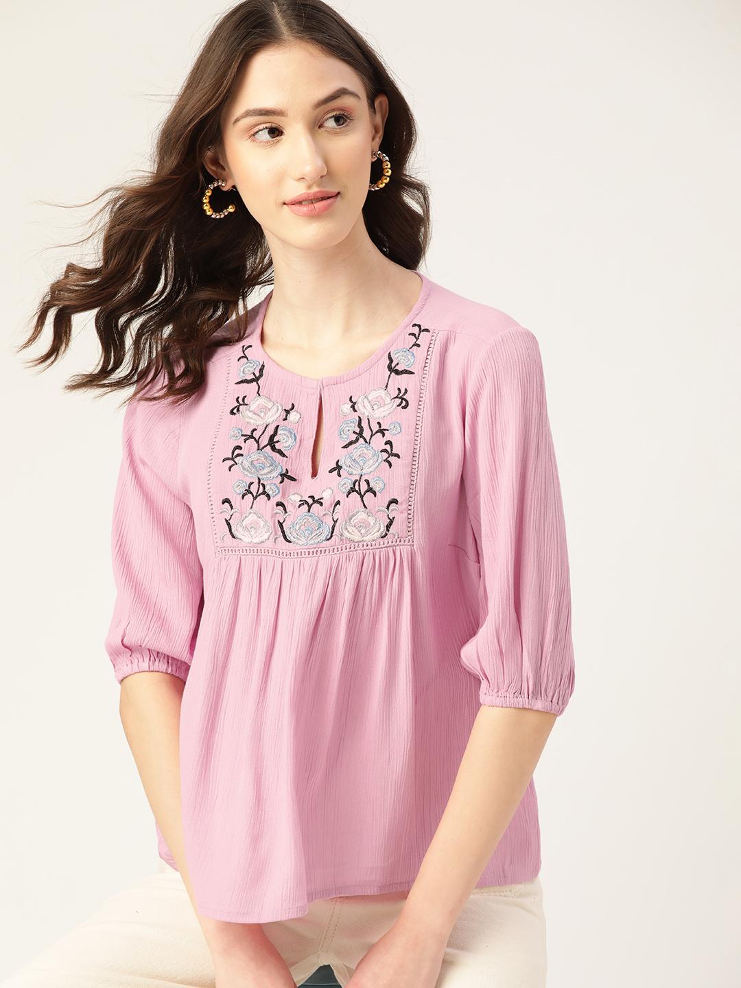 Buy DressBerry Floral Embroidered Keyhole Neck Top - Tops for Women ...