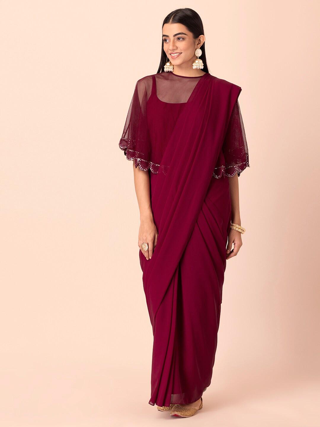 Buy INDYA Maroon Solid Pre Draped Ready To Wear Saree - Sarees for ...