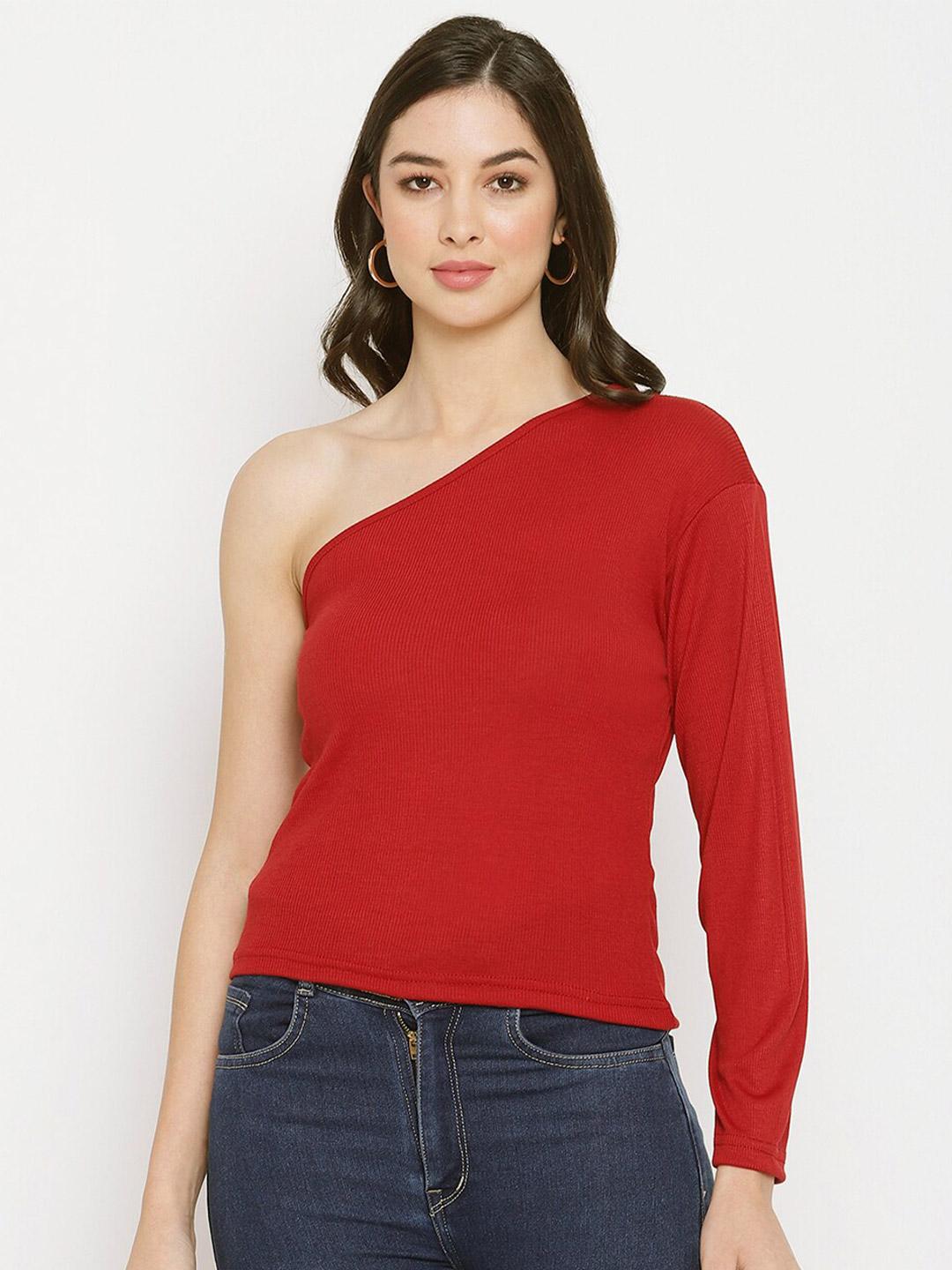 Buy Miaz Lifestyle Women Red Solid One Shoulder Regular Top - Tops for ...