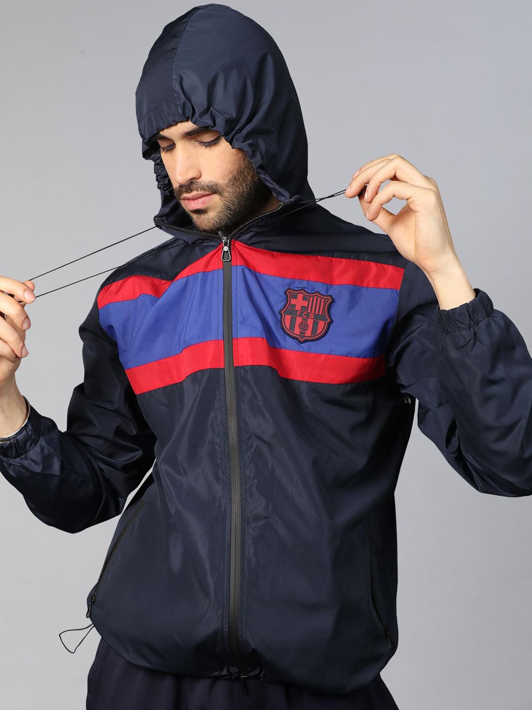Buy FC Barcelona Men Navy Blue FC Barcelona Windbreaker Jacket ...