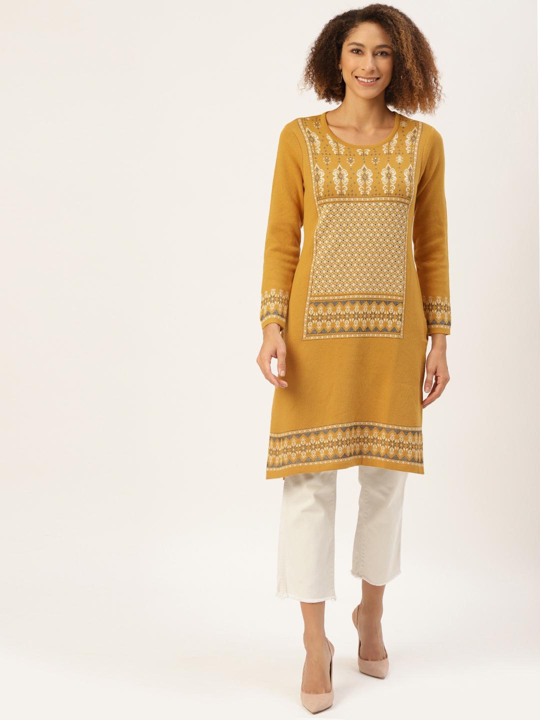 Buy American Eye Women Mustard Yellow & White Yoke Design Winter Kurta ...