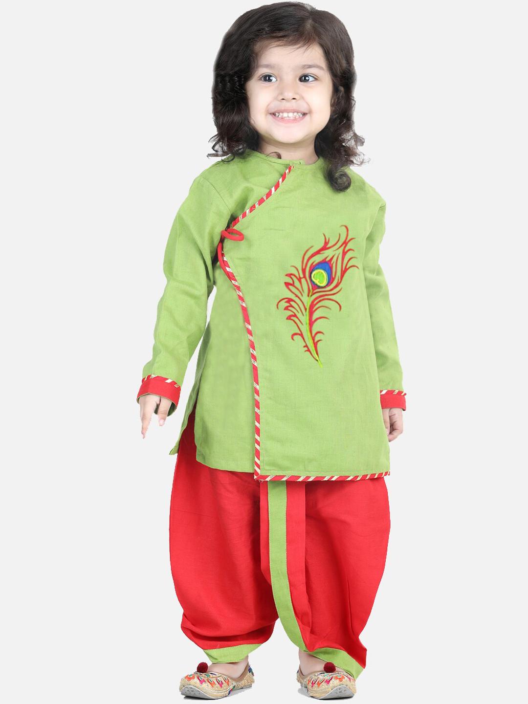 Buy BownBee Boys Green Embroidered Thread Work Pure Cotton Kurti With ...