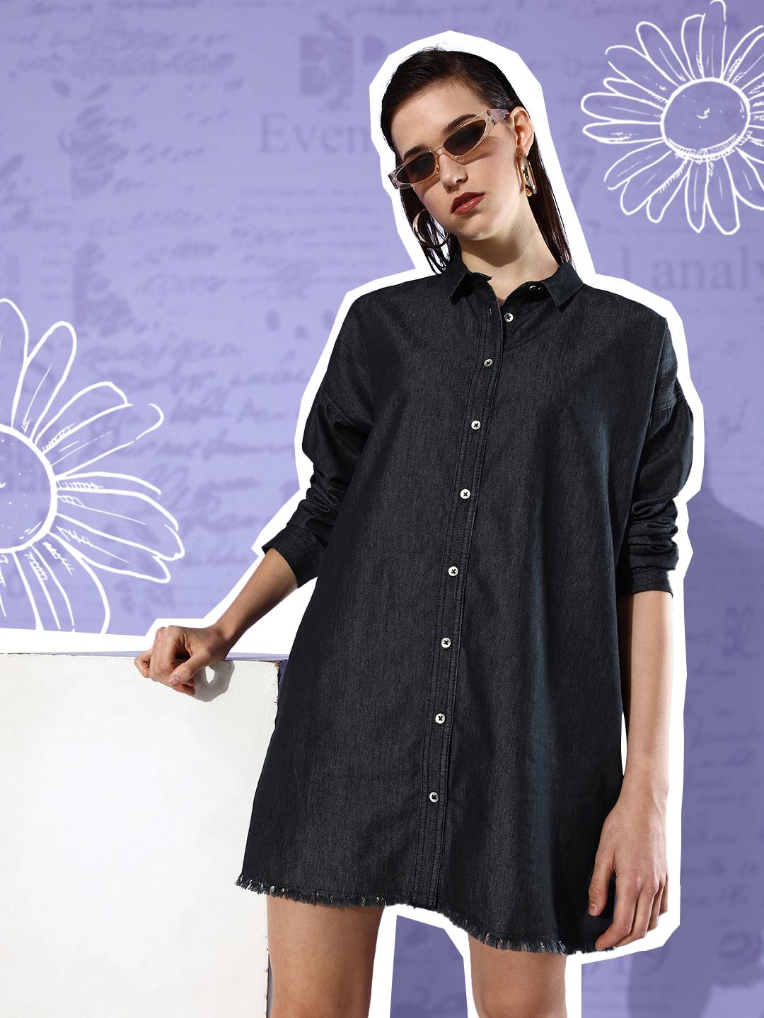 Buy DressBerry Women Jet Black Chambray Opaque Preppy College Cool ...