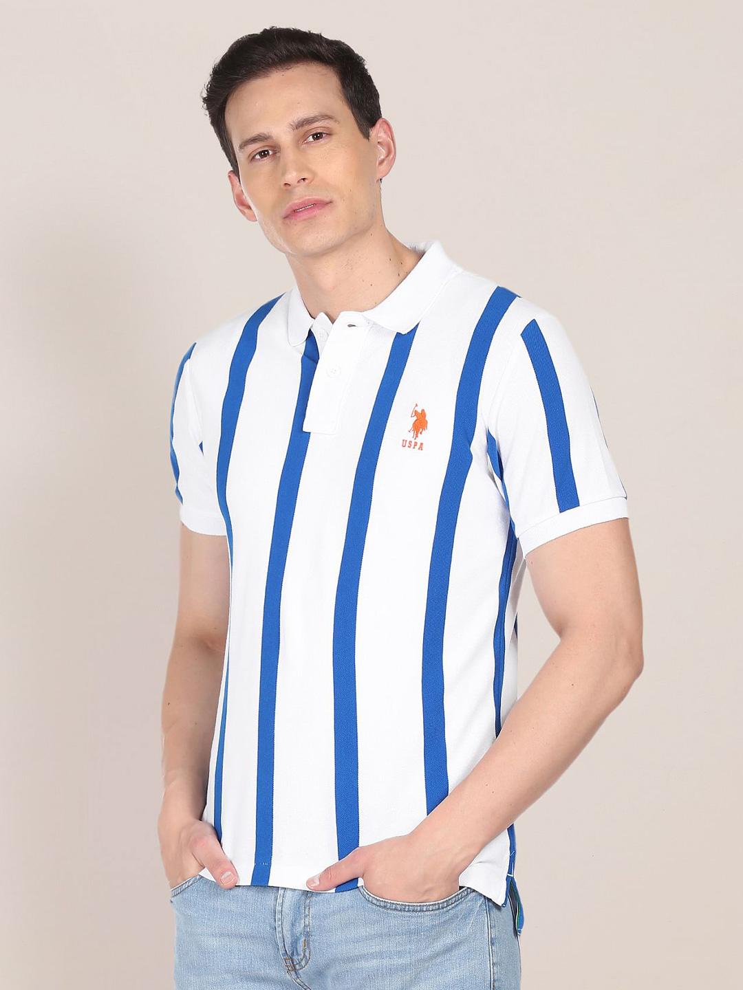 Buy U S Polo Assn Men Blue & White Striped Polo Collar Pure Cotton Slim ...