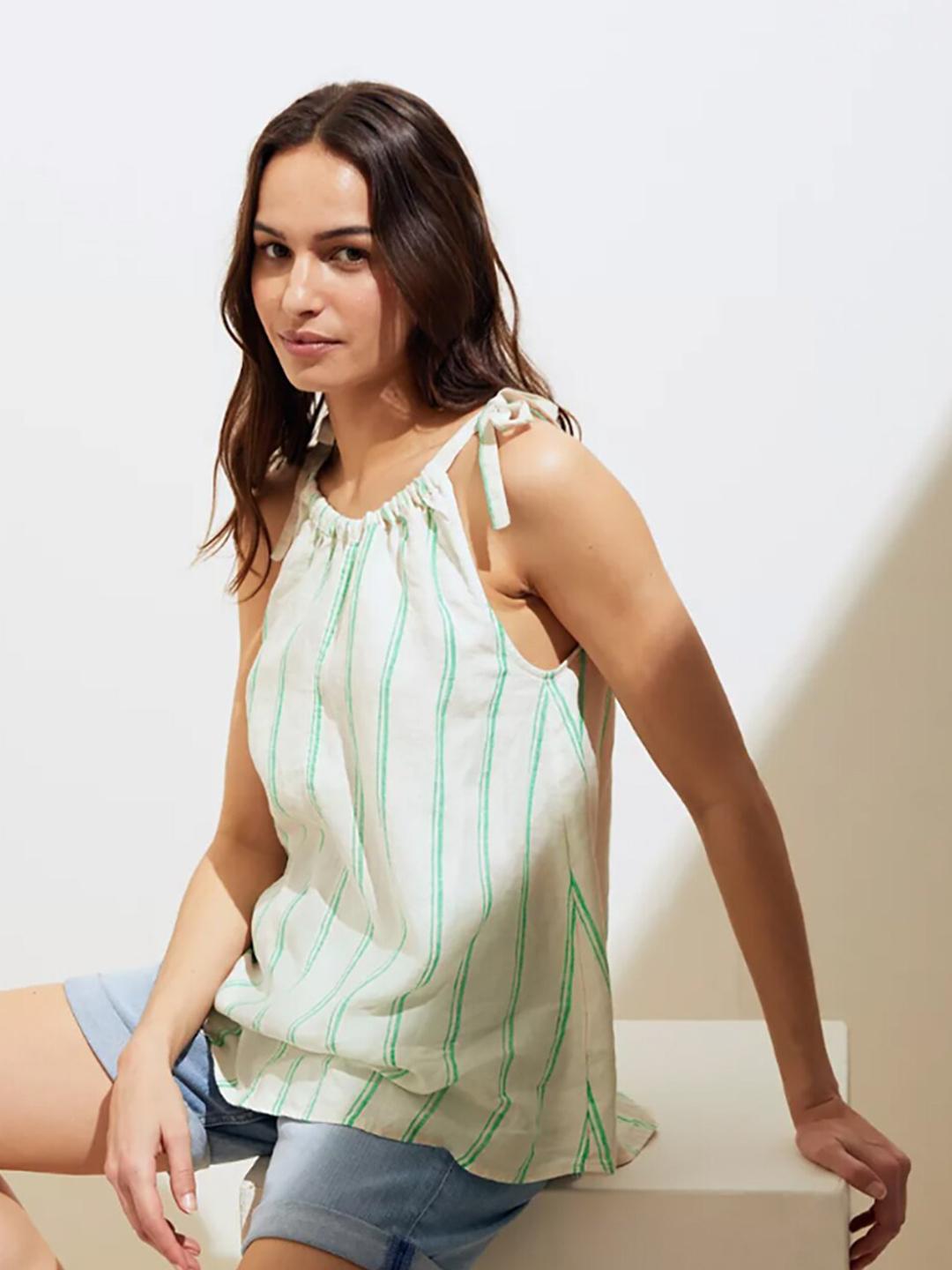 Buy Marks & Spencer Women Cream Striped Linen Shoulder Straps Top ...