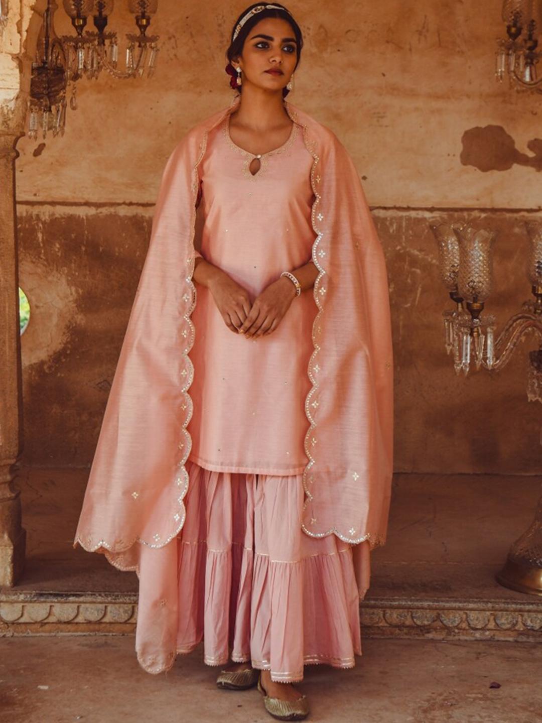 Buy KARAJ JAIPUR Women Peach Coloured Kurta With Sharara & With Dupatta ...