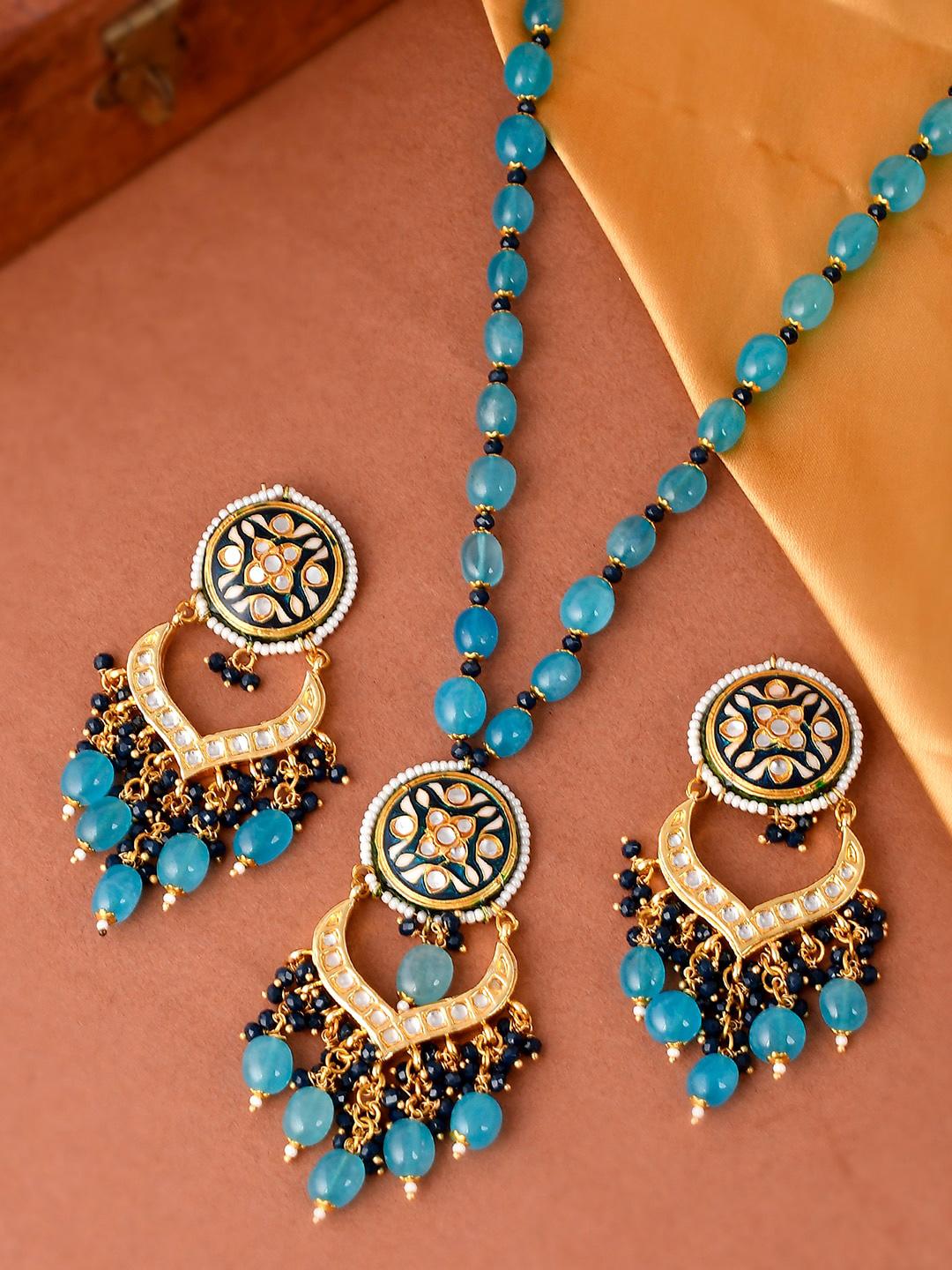 Buy DASTOOR Gold Plated Blue Beaded & White Stone Studded Jewellery Set ...