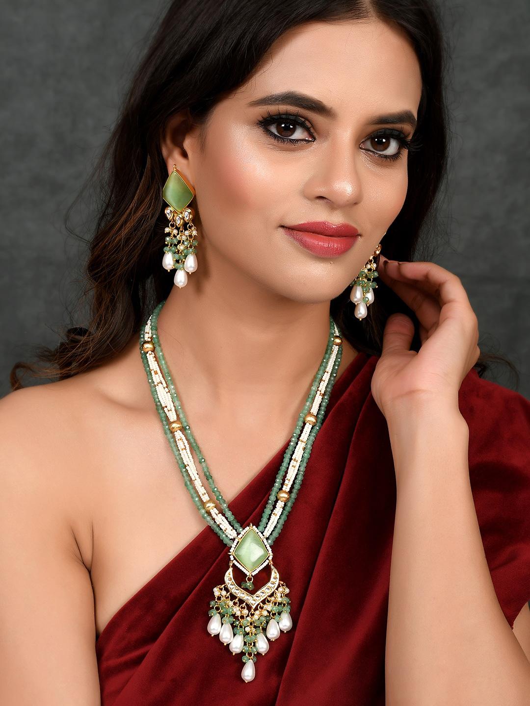 Buy DASTOOR Gold Plated Green Beaded White Stone Studded Jewellery Set ...