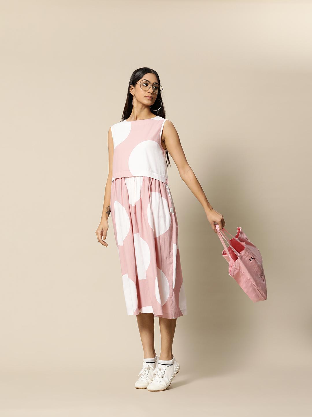 Buy BOWER Dusty Pink & White Pure Cotton Polka Dots A Line Midi Dress ...