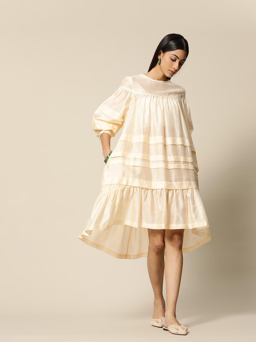 Buy BOWER Ecru Chanderi Solid A Line Pleated & Tiered Midi Dress With 2 ...