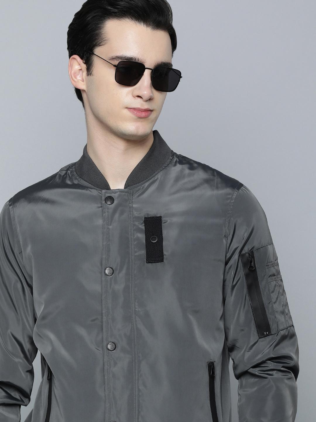 Buy Flying Machine Men Solid Bomber Jacket With Button & Applique ...