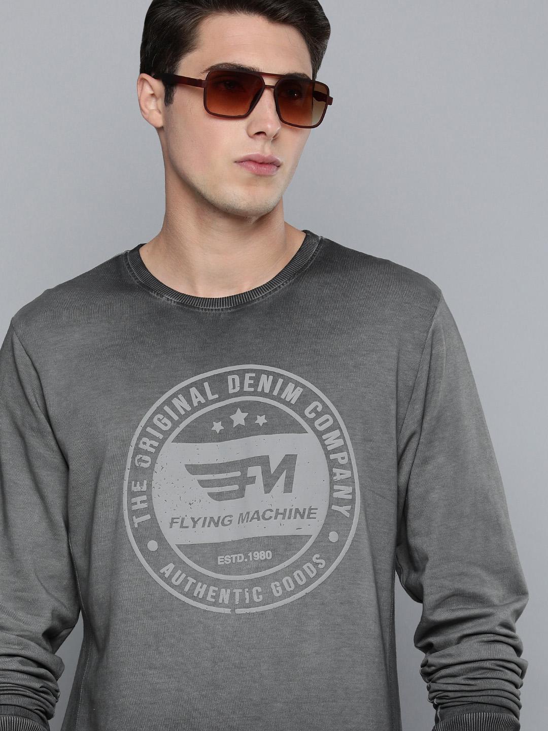 Buy Flying Machine Men Grey Brand Logo Printed Pure Cotton Pullover ...