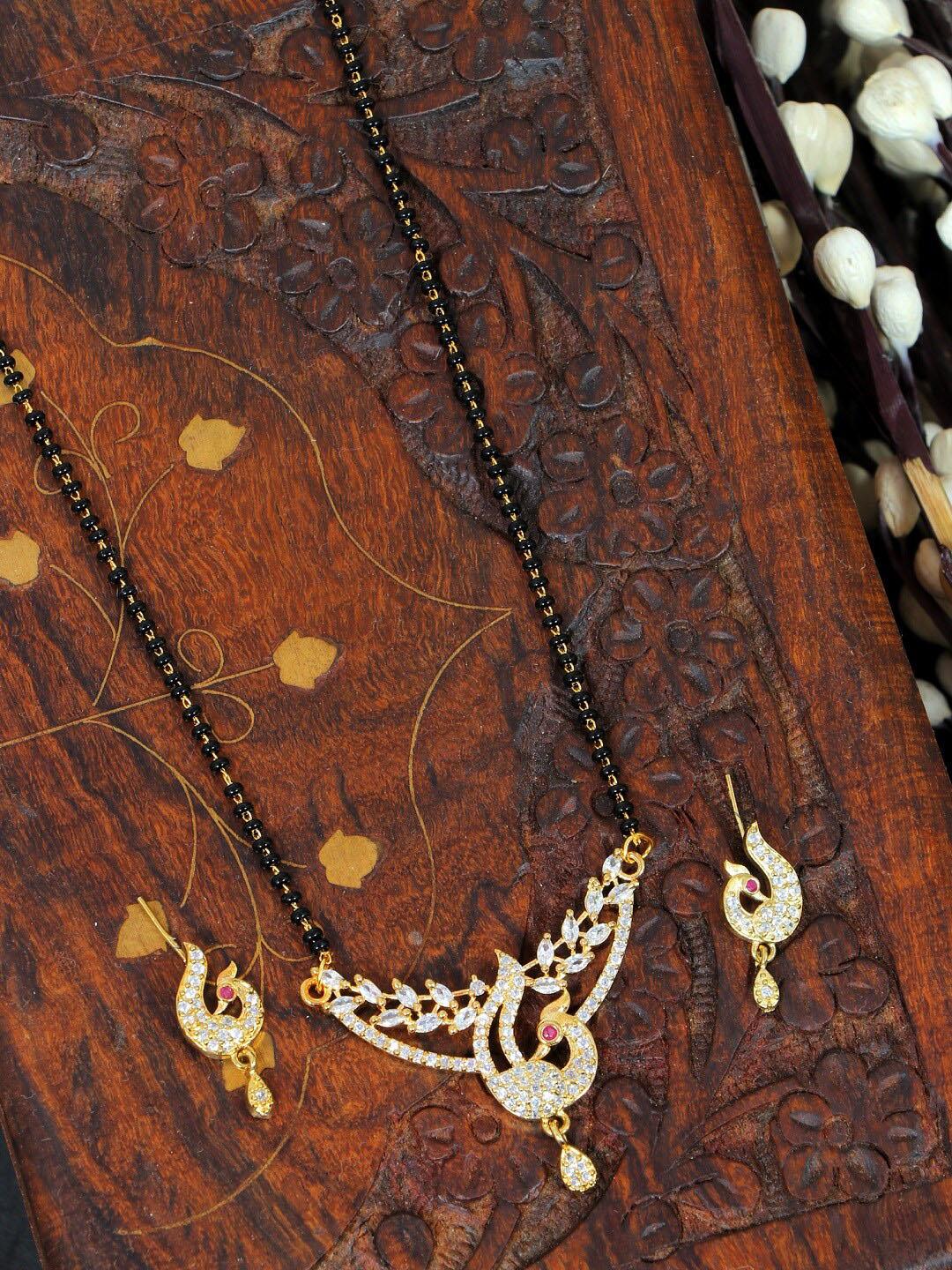 Buy SwaDev Women Gold Plated & White AD Studded Mangalsutra Set ...