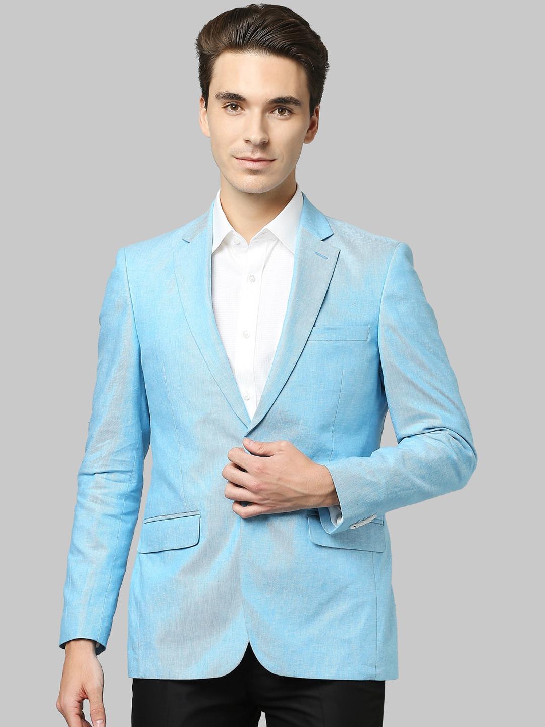 Buy Raymond Men Blue Solid Single Breasted Pure Cotton Formal Blazers ...