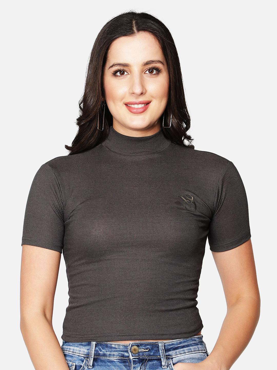 Buy Sonex Gold Women Self Design High Neck Grey Crop Top - Tops for ...
