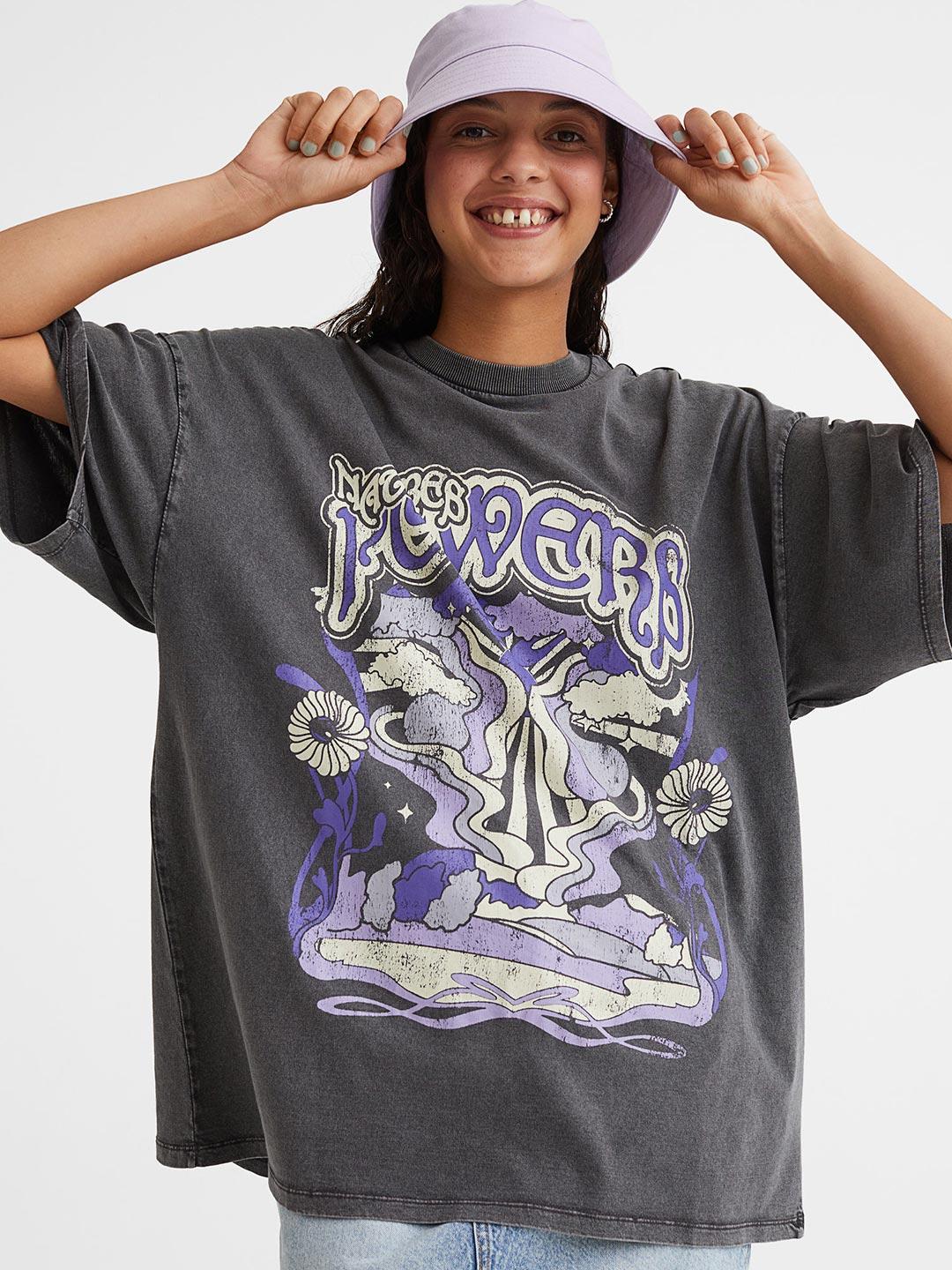Buy H&M Women Grey Oversized Printed T Shirt - Tshirts for Women ...