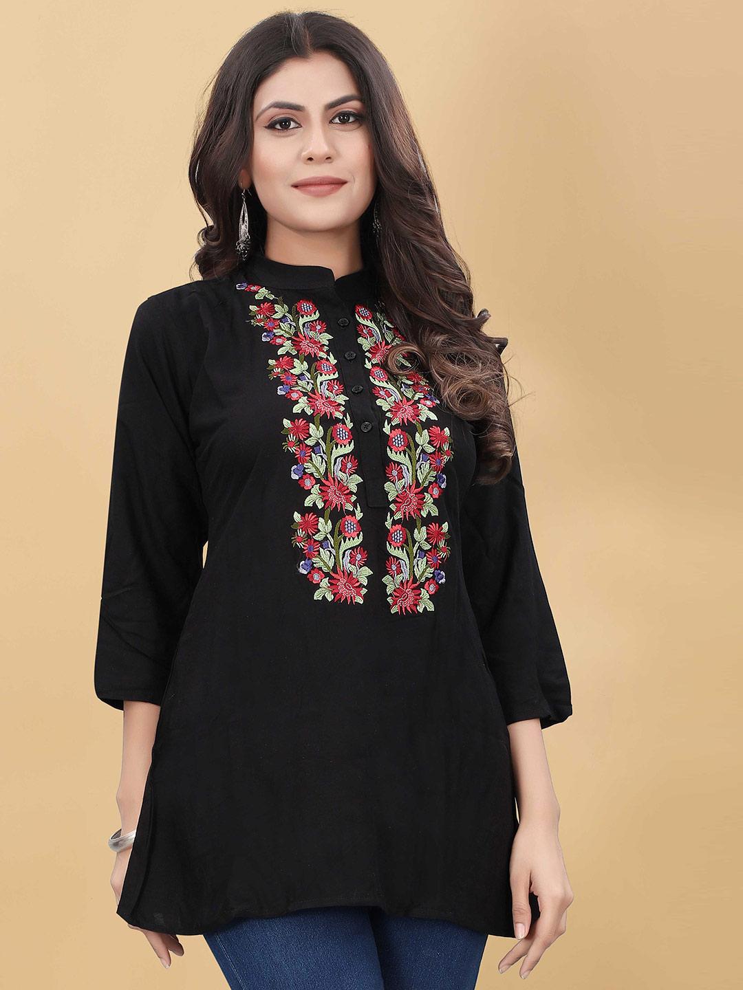 Buy WEAVETECH IMPEX Black Heavy Embroderied Work Mandarin Collar Top ...