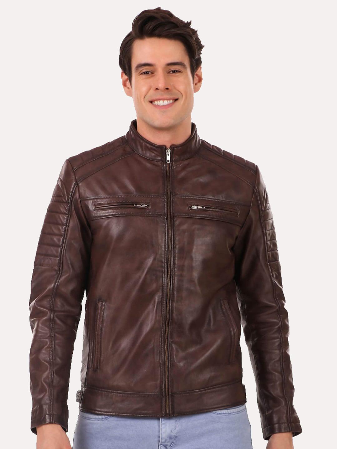 Buy Leather Retail Men Coffee Brown Leather Outdoor Biker Jacket ...
