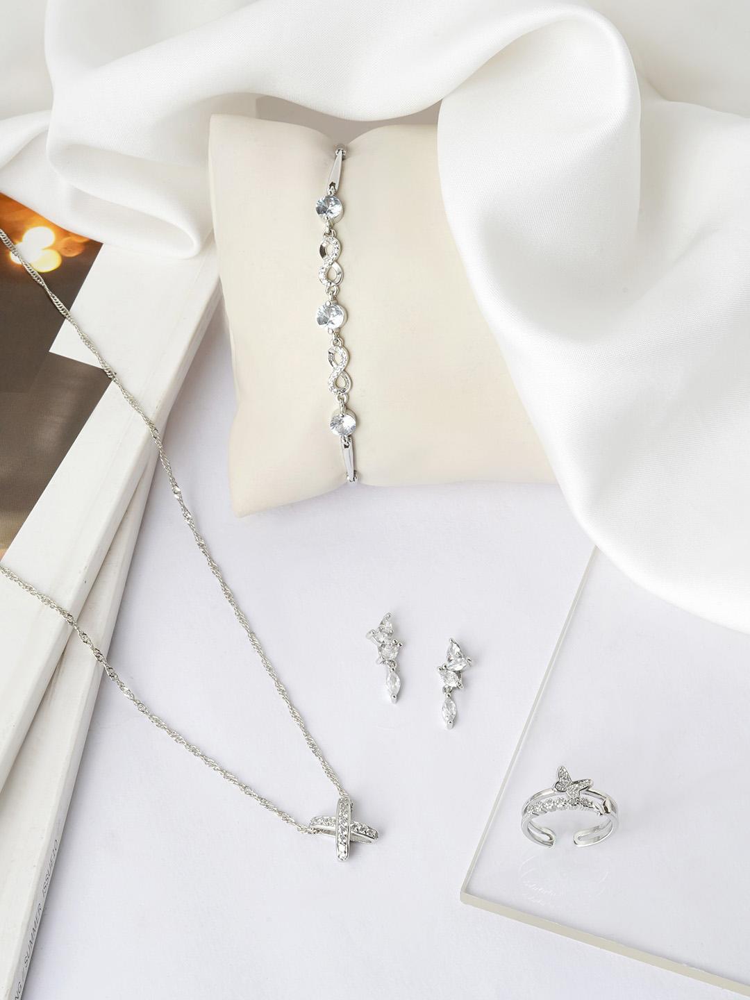 Buy JOKER & WITCH Silver Coloured White Stone Studded Jewellery Set ...