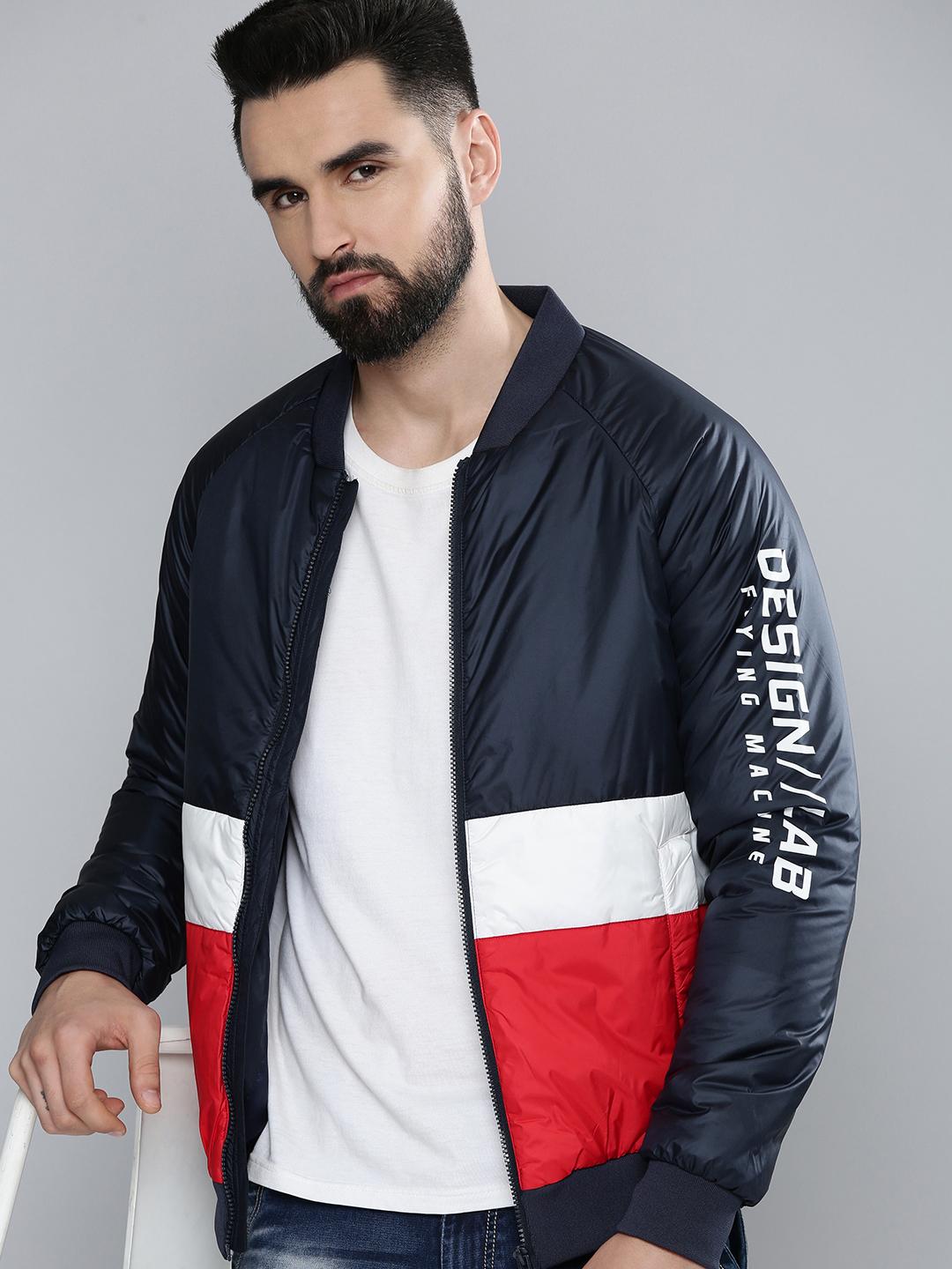 Buy Flying Machine Men Navy Blue & Red Colourblocked Bomber Jacket ...