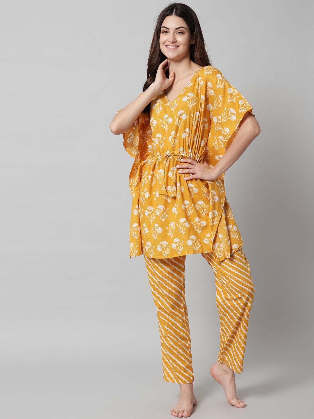 Buy SEPHANI Women Pure Cotton Mustard & White Printed Night Suit ...