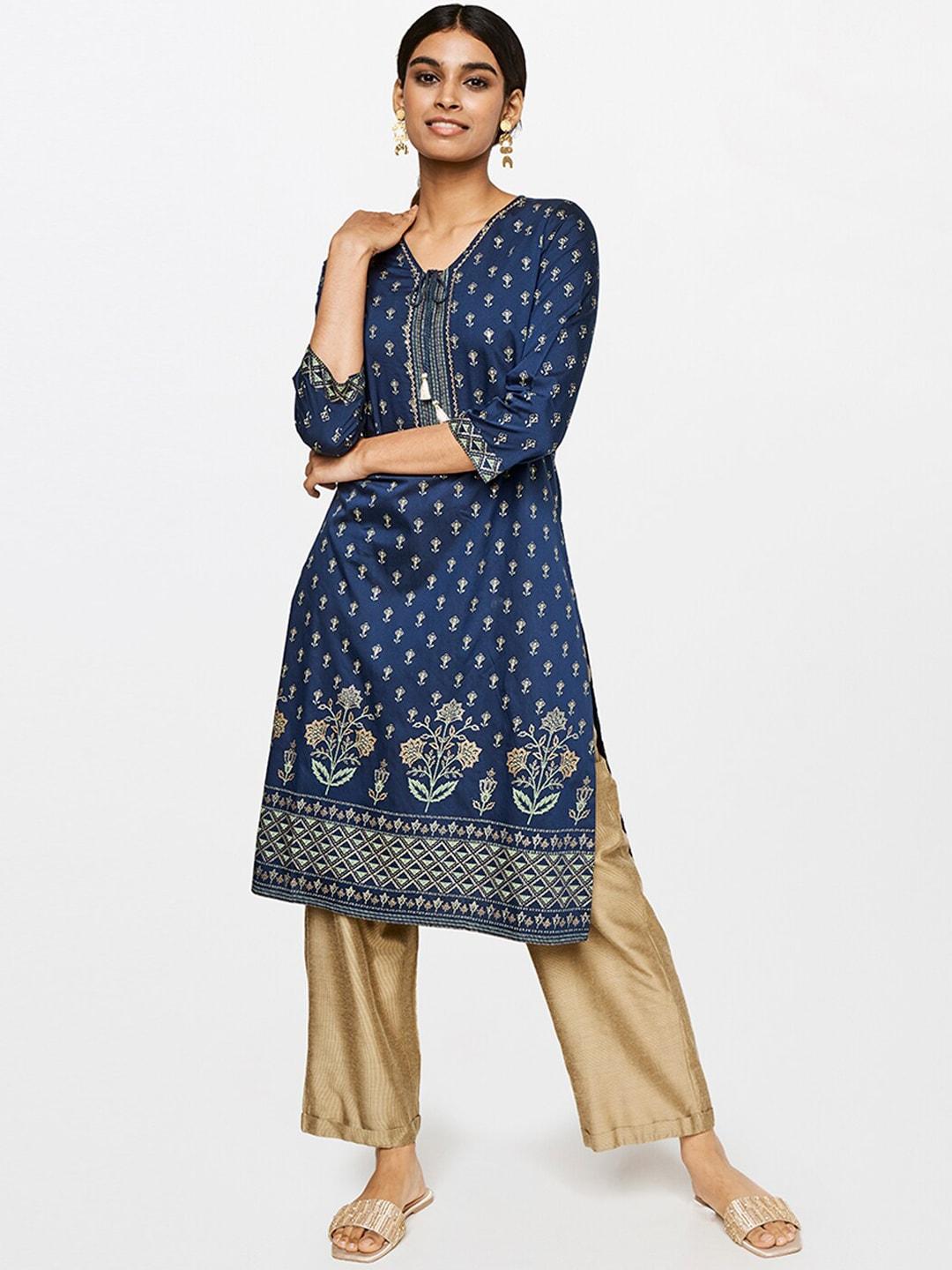 Buy Global Desi Women Blue Ethnic Motifs Printed Kurta - Kurtas for ...