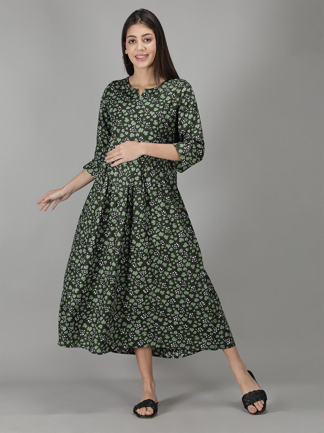 Buy NIGHTSPREE Women Green Floral Maternity And Feeding A Line Midi ...
