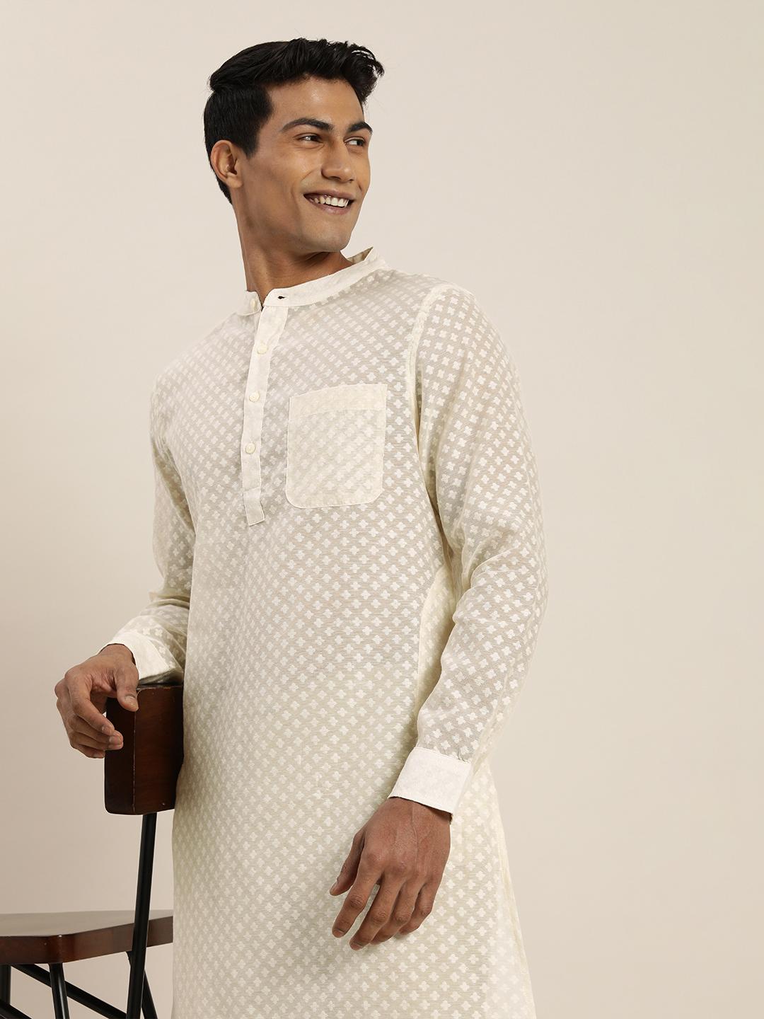Buy Taavi Men Cream Coloured Semi Sheered Pure Cotton Cora Woven Design ...