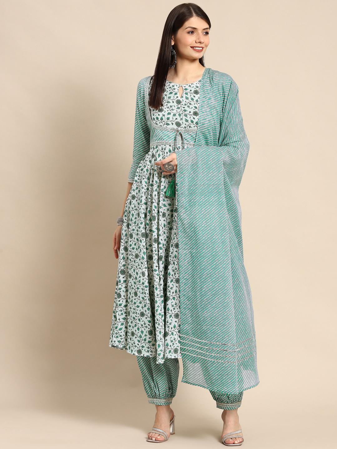 Buy Anayna Women Green Ethnic Motifs Printed Pure Cotton Kurta With ...