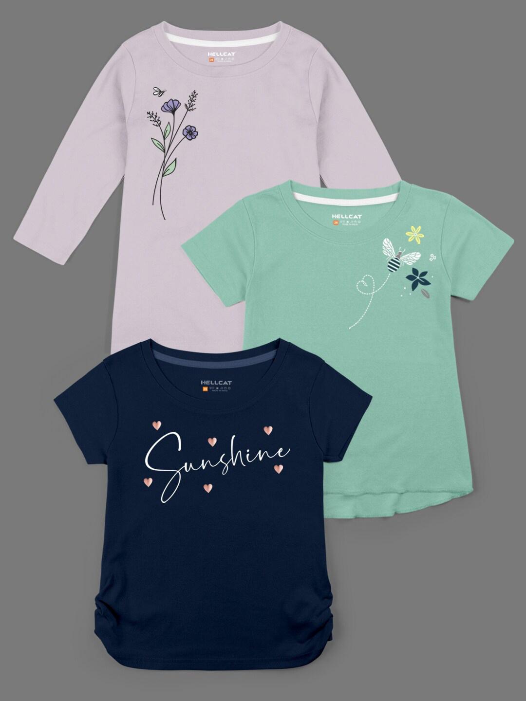 Buy HELLCAT Girls Set Of 3 Typography Printed Bio Finish T Shirts ...