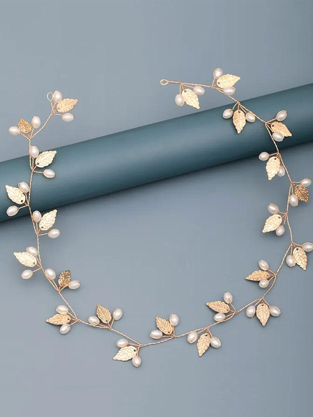 Buy Yellow Chimes Women Gold Toned White Pearl Leafy Hair Vines - Hair ...