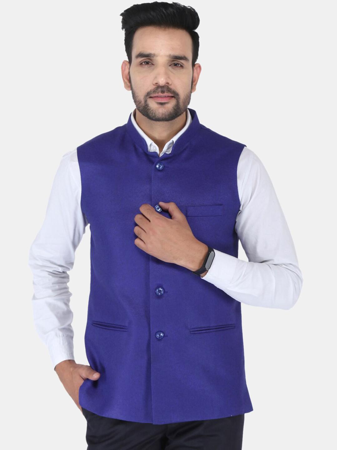Buy UNCRAZY Men Blue Solid Jute Cotton Woven Nehru Jackets - Nehru ...