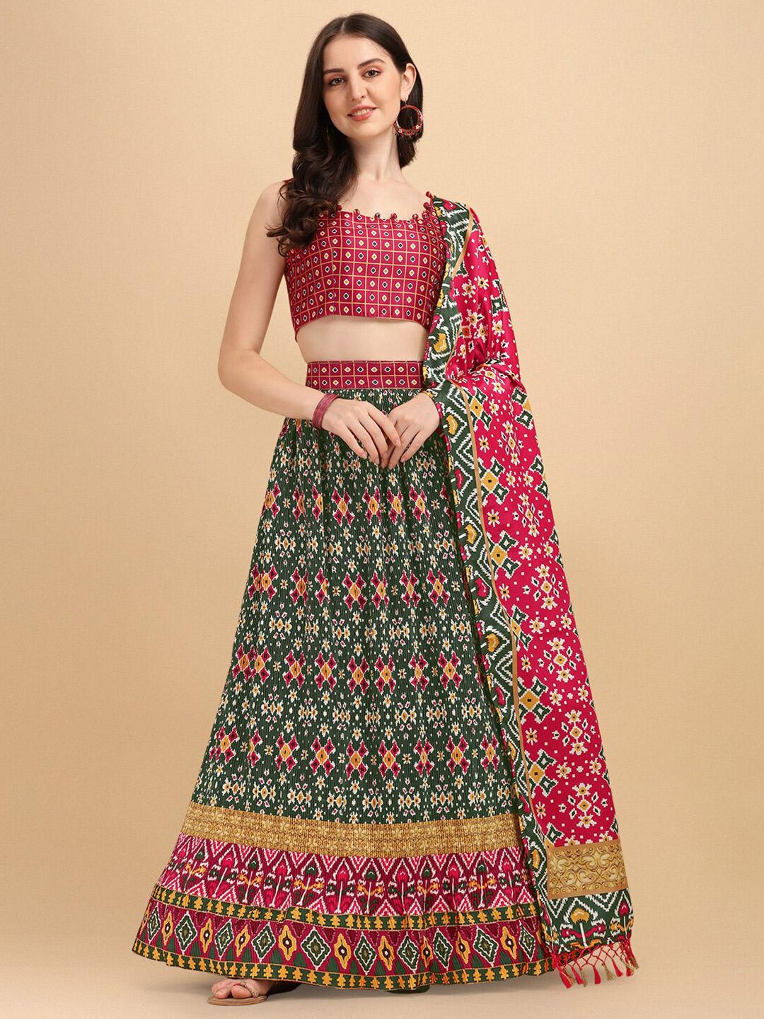 Buy Fab Dadu Green & Pink Printed Semi Stitched Lehenga & Unstitched ...