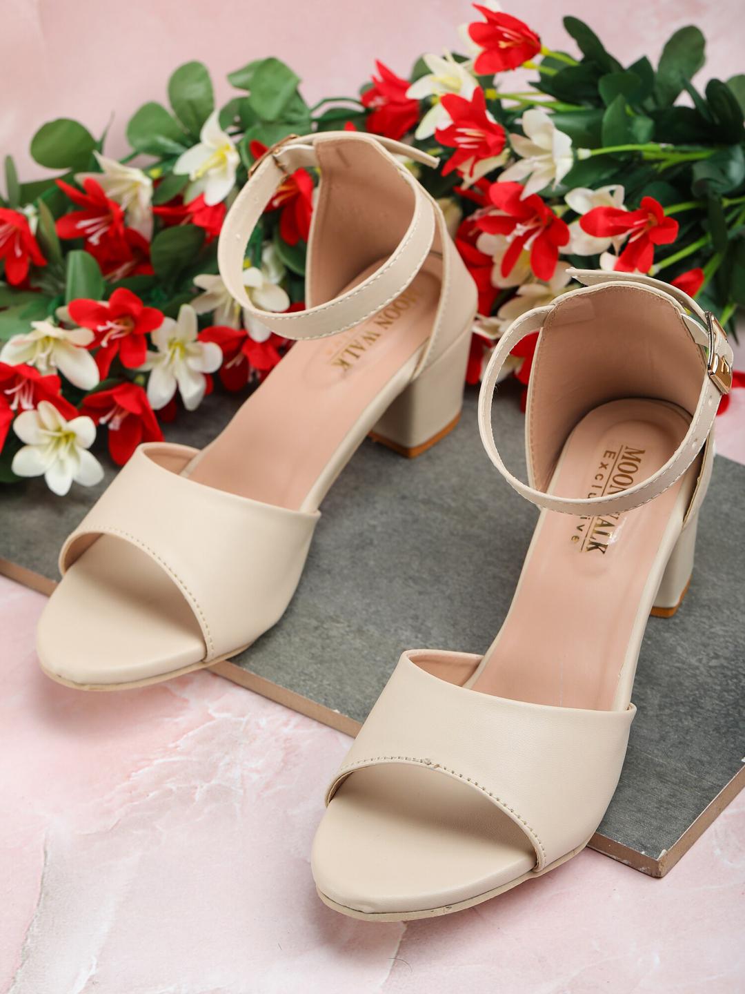 Buy Moonwalk Women Cream Block Heels With Buckles - Heels for Women ...