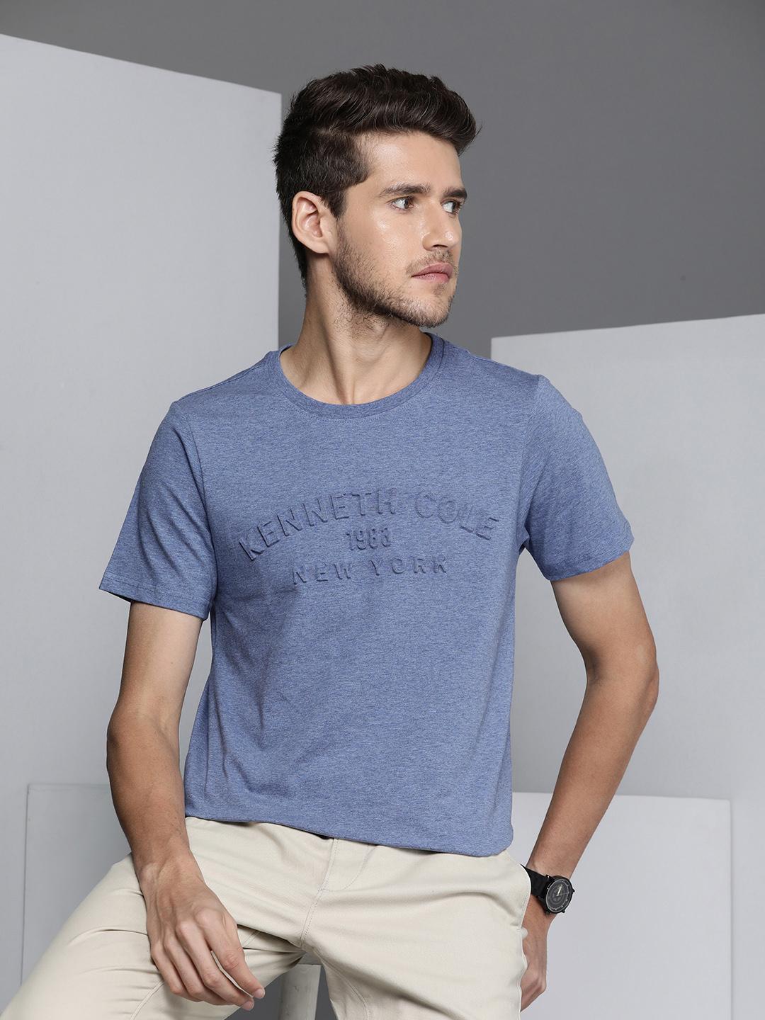 Buy Kenneth Cole Monoglyph Men Blue Logo Print Round Neck Applique ...