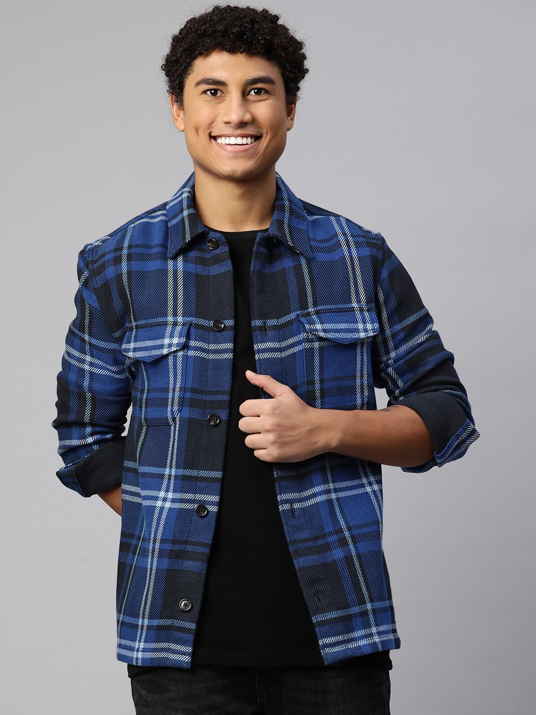 Buy Marks & Spencer Men Blue & White Tartan Checked Shacket - Shackets ...