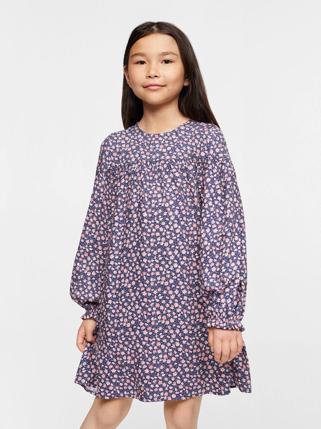 Buy Mango Kids Girls Navy Blue & Pink Floral Print A Line Dress ...
