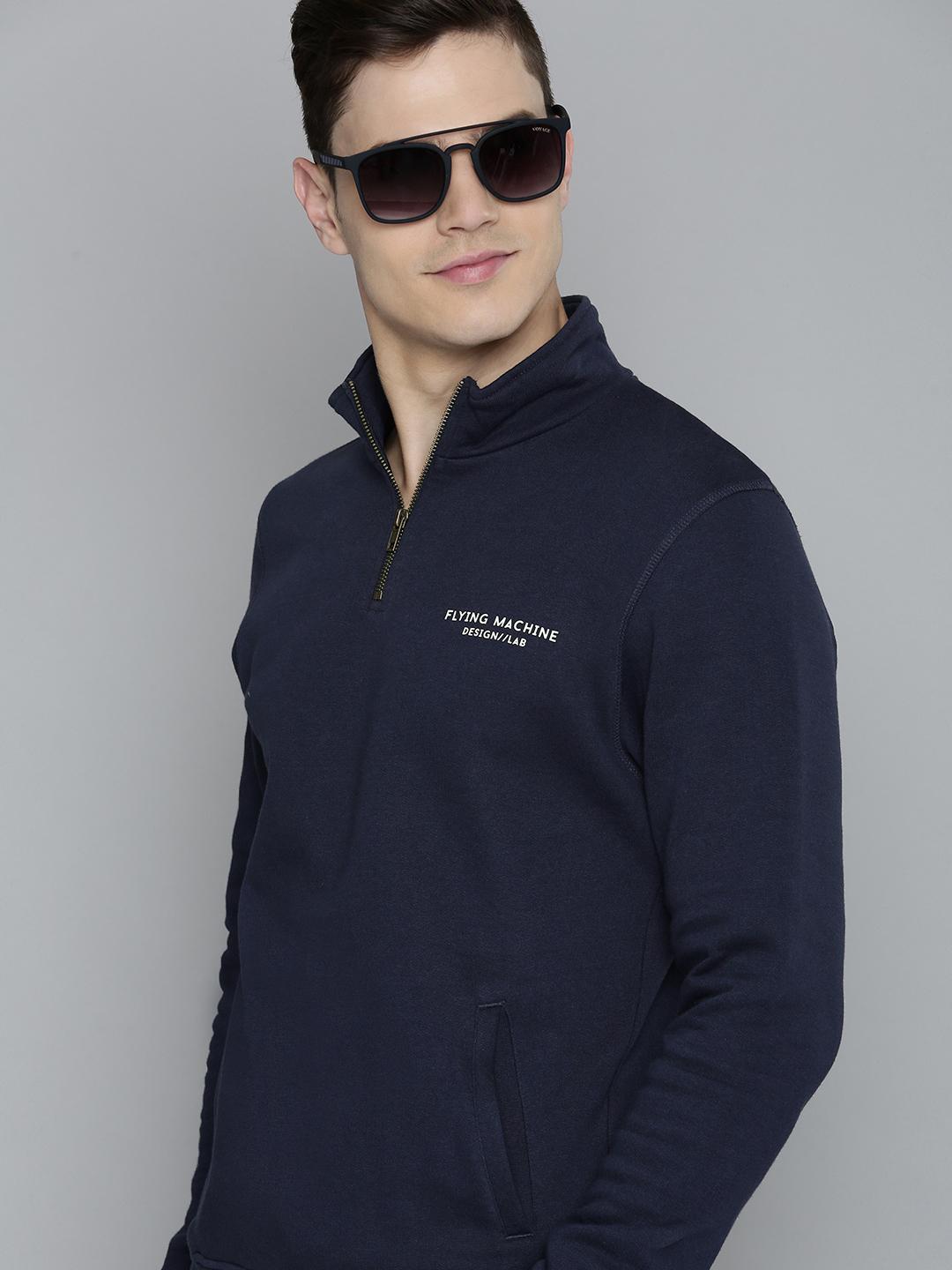 Buy Flying Machine Men Navy Blue Solid Pure Cotton Sweatshirt ...