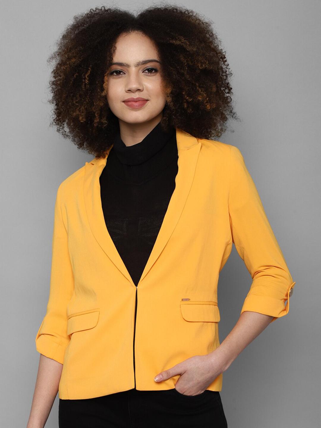 Buy Allen Solly Woman Women Yellow Solid Single Breasted Blazer ...