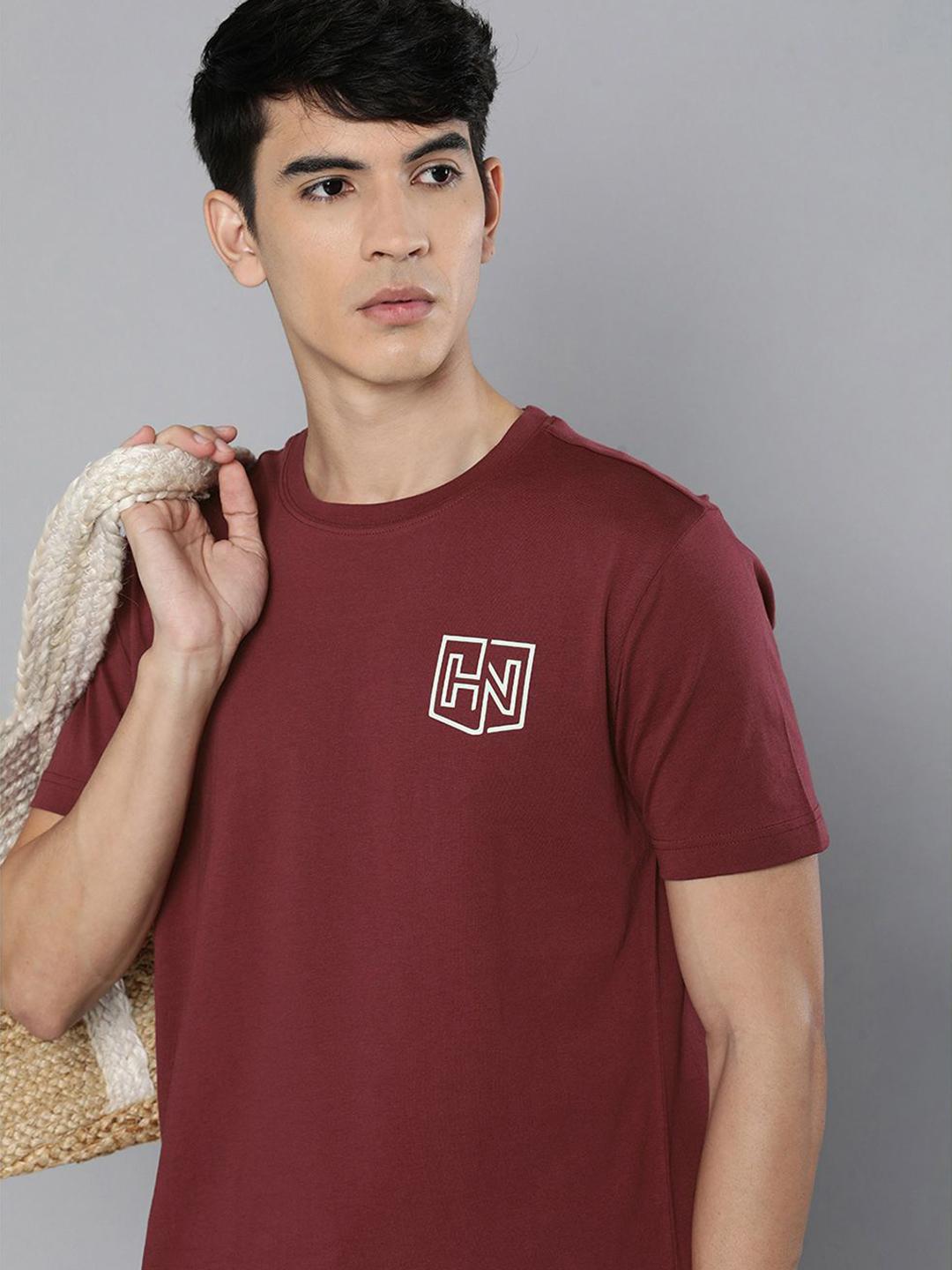 Buy HERE&NOW Men Maroon Brand Logo Printed Pure Cotton T Shirt ...