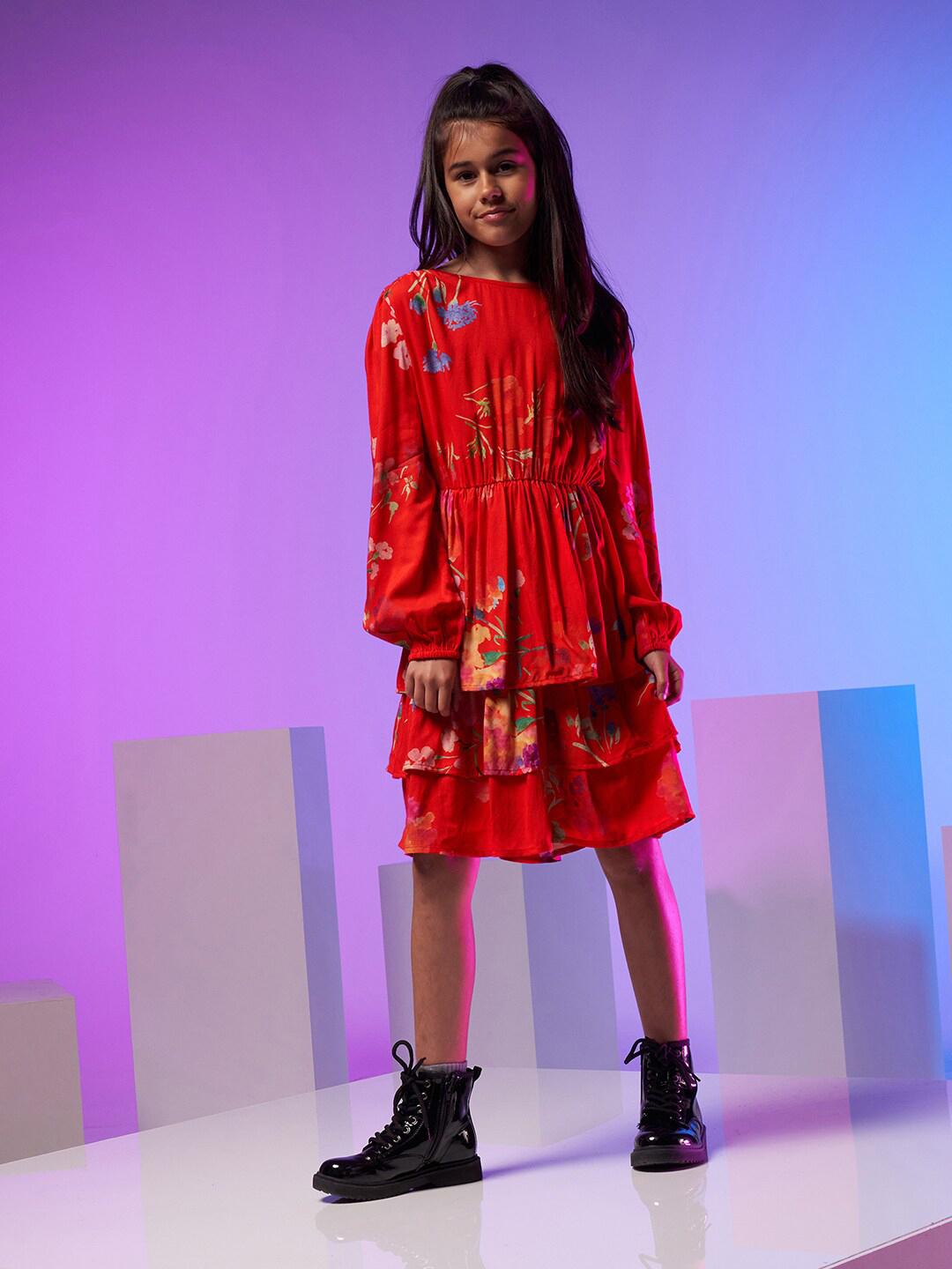 Buy Angel & Rocket Girls Red Floral Layered A Line Dress - Dresses for ...