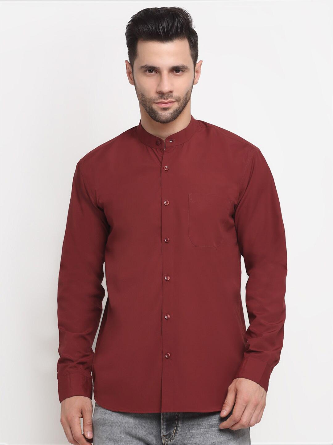 Buy NEUDIS Men Maroon Solid Mandarin Collar Classic Formal Shirt ...