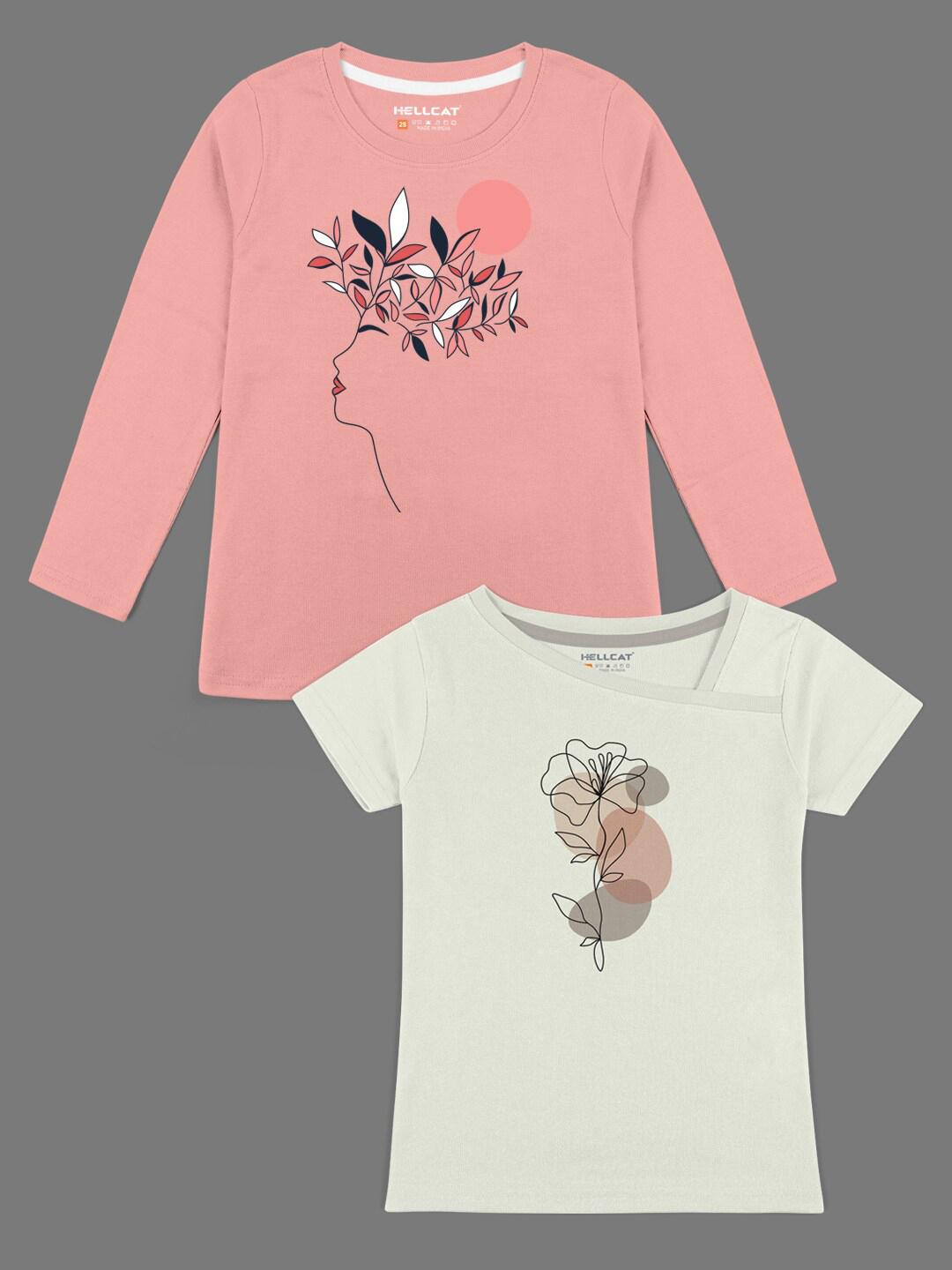Buy HELLCAT Girls Off White & Pink Pack Of 2 Printed Bio Finish T Shirt ...